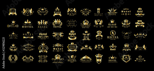 Golden Hotel Luxury Logo Set - Isolated On Black Background, Vector ...