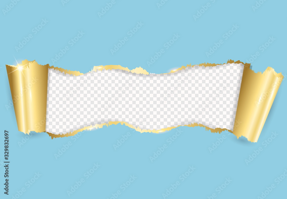 Transparent Background with gold torn paper. Horizontal template poster ...