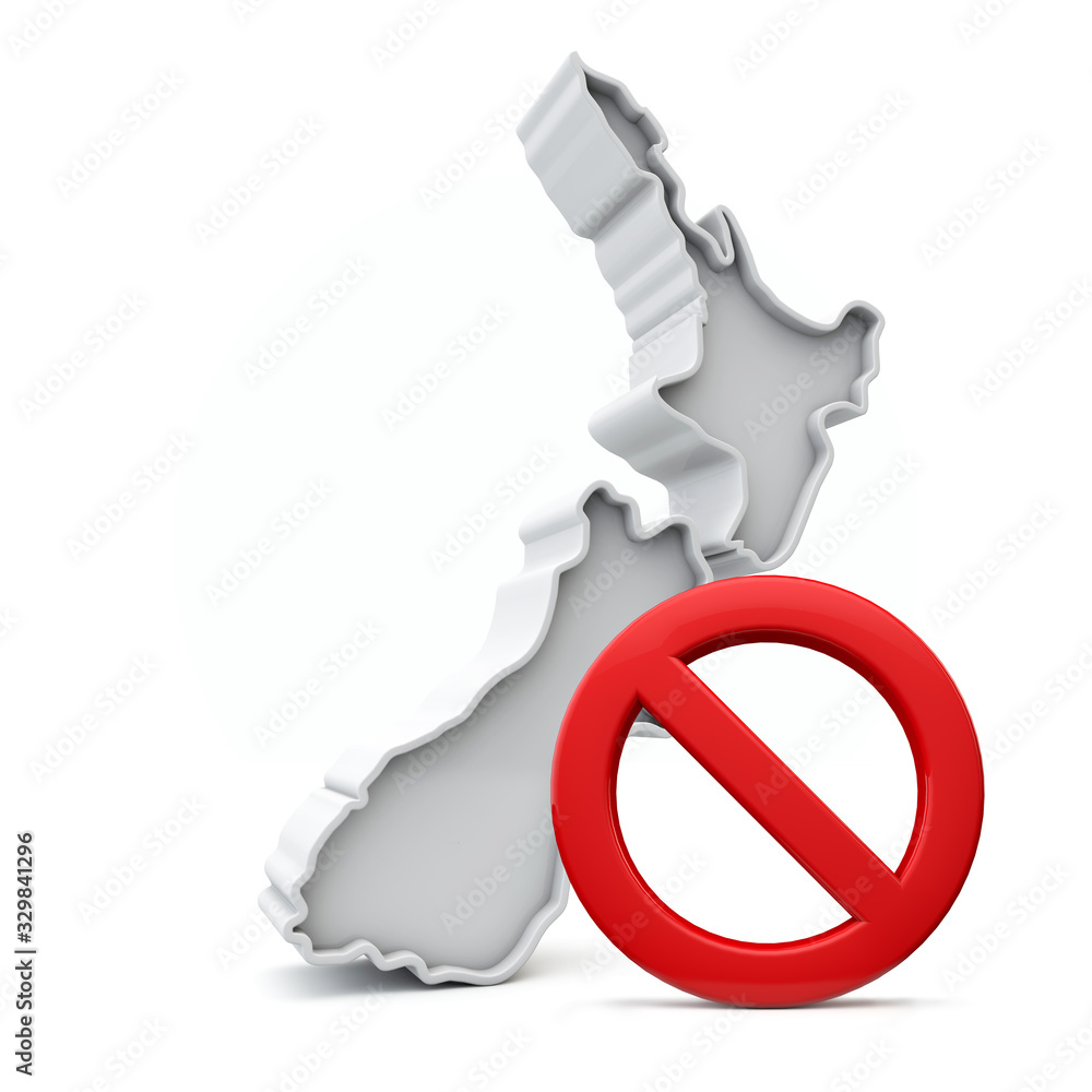 New Zealand map with red no entry warning sign. 3D Rendering Stock ...