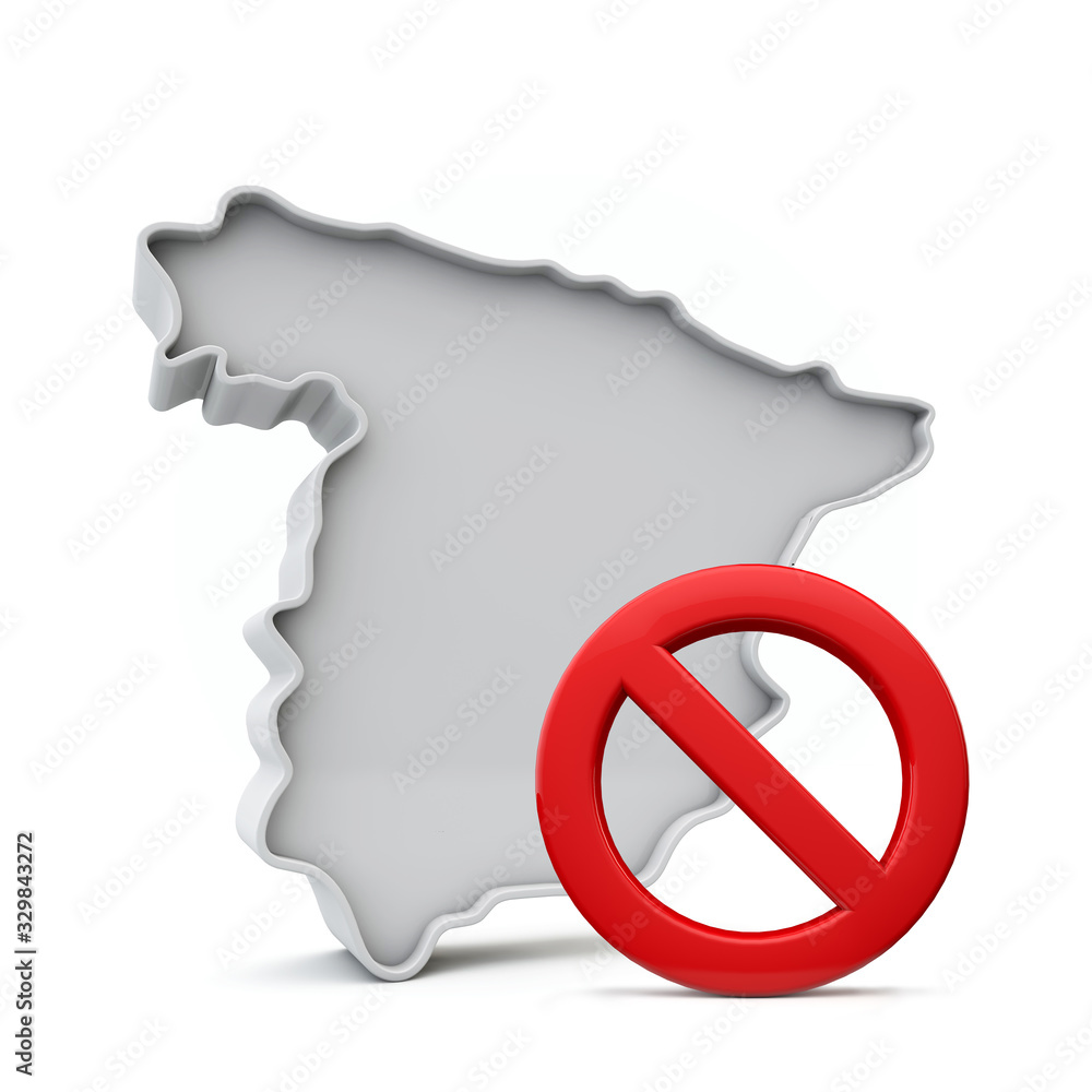 Spain map with red no entry warning sign. 3D Rendering Stock ...