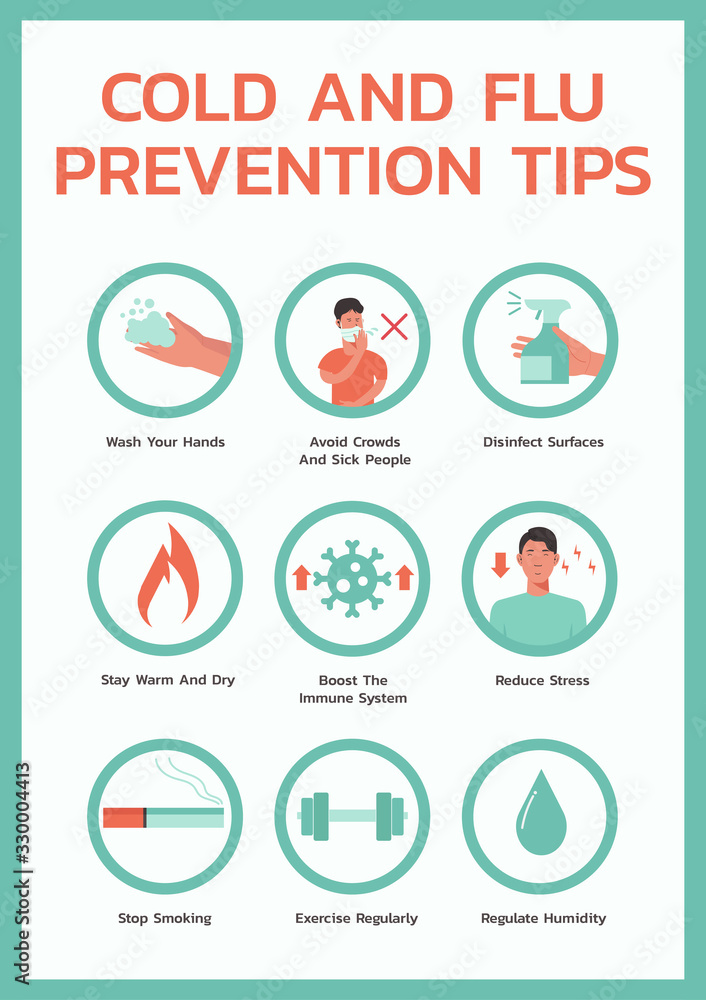 cold and flu prevention tips infographic, healthcare and medical about flu, fever and virus ...