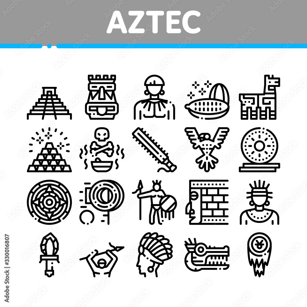 Aztec Civilization Collection Icons Set Vector. Aztec Antique Pyramid ...