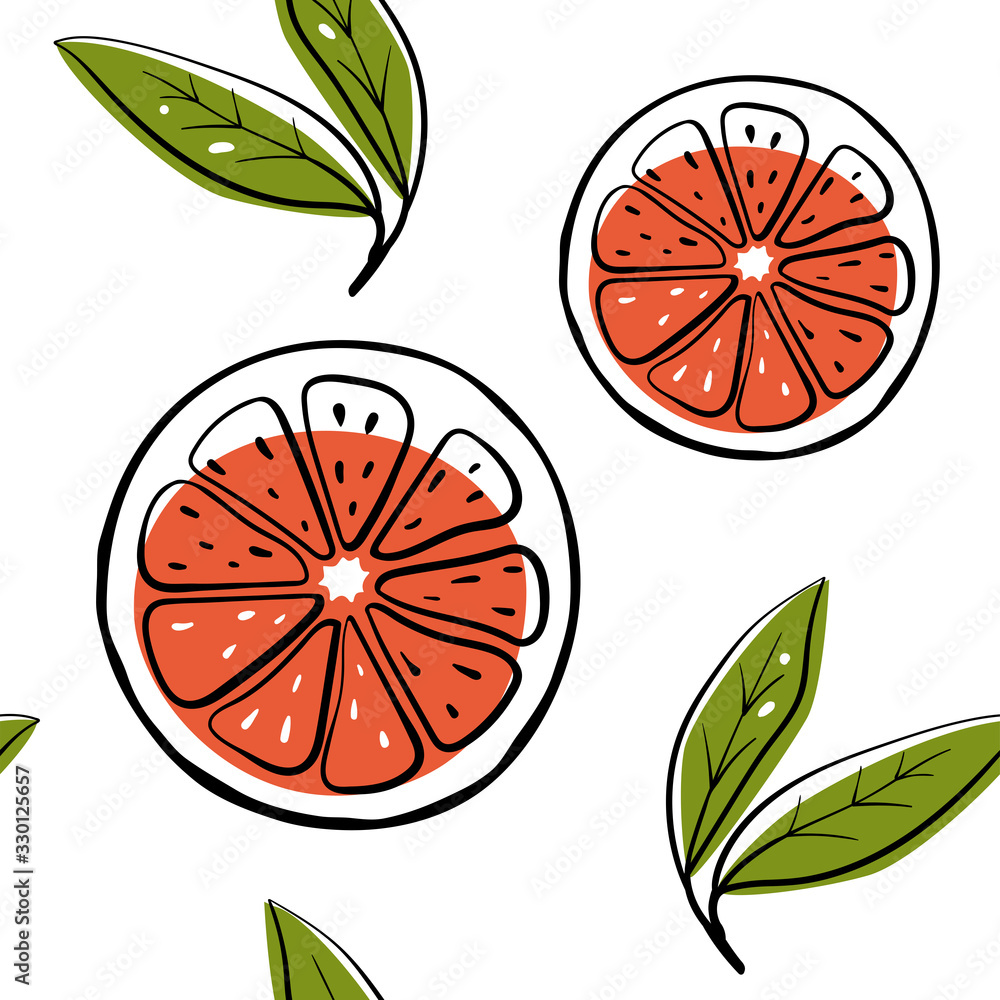 Grapefruit. Seamless pattern. Colorful line sketch collection of citrus ...
