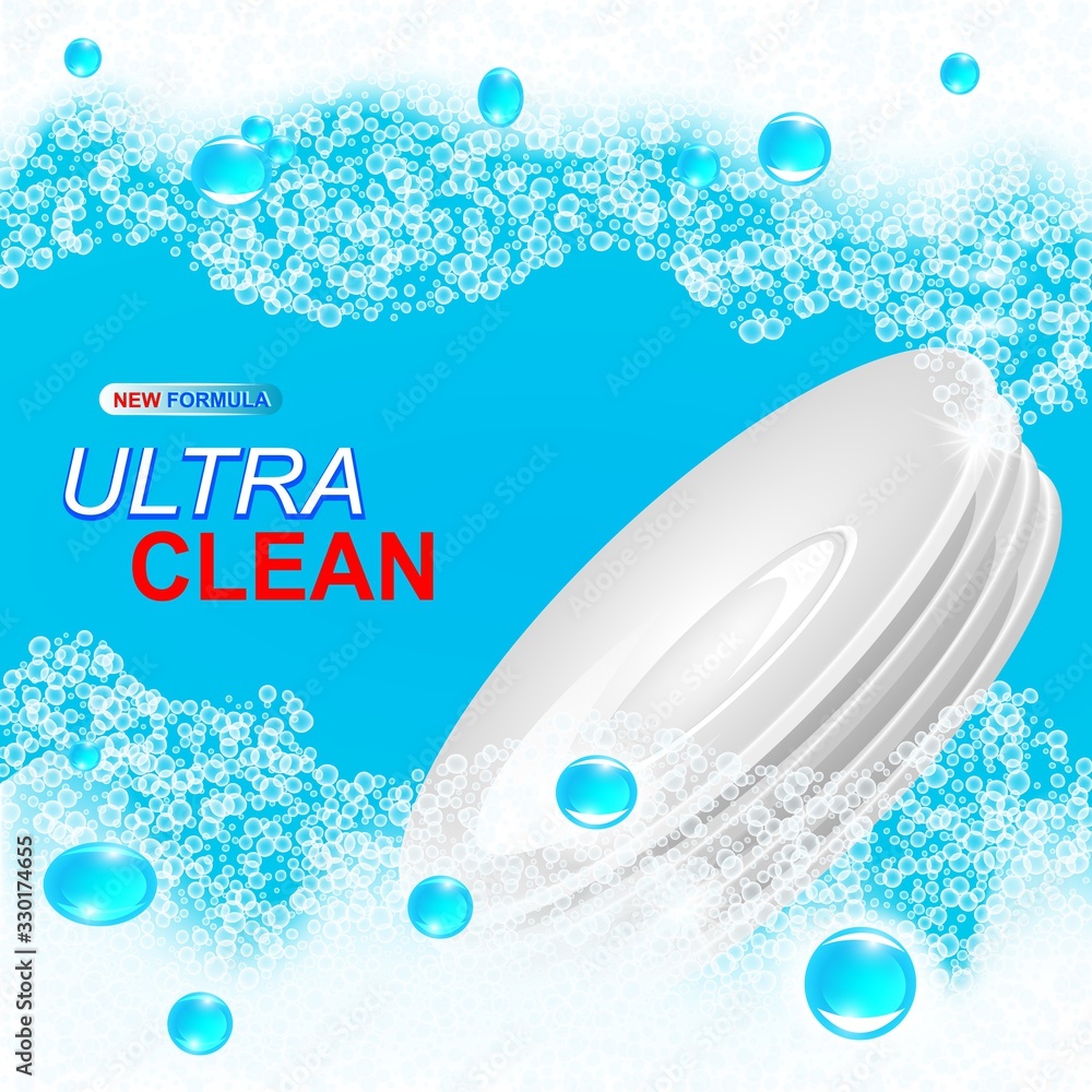 Detergent for dishes. Vector realistic Illustration with dishes in ...