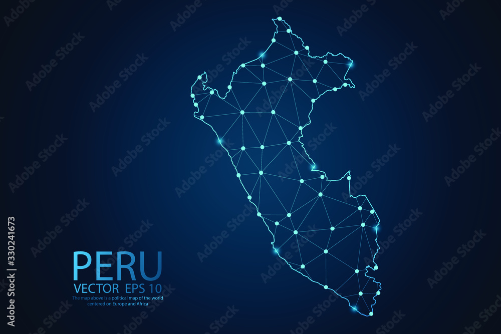 Abstract mesh line and point scales on dark background with map of Peru ...
