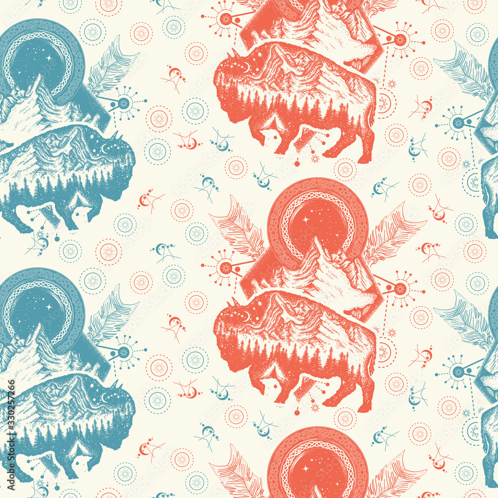 Image vectorielle Stock Magic tribal bison double exposure. Seamless ...