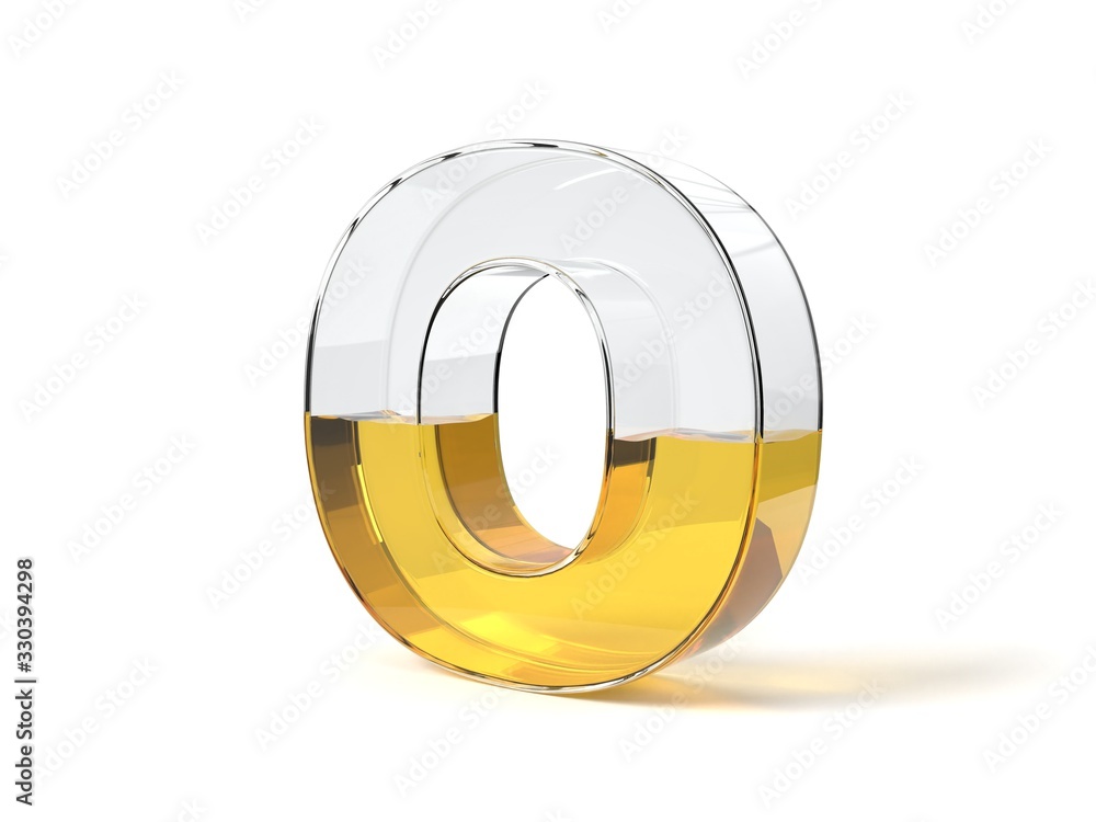 letter O shaped glass half filled with yellow liquid. 3d illustration ...