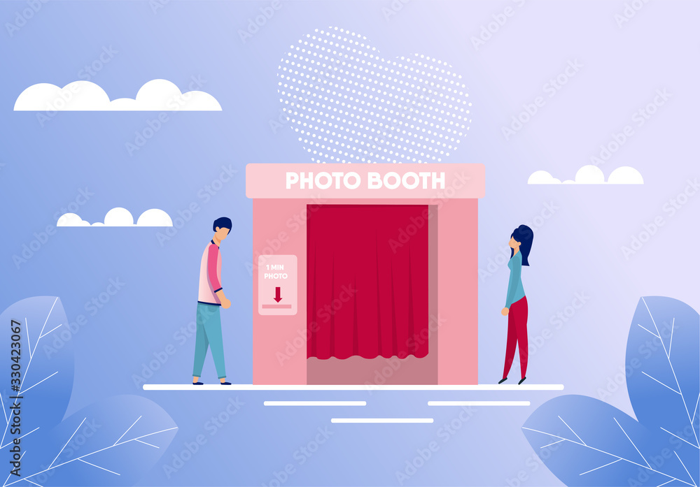 Man and Woman Standing near Photo Booth Cartoon. People Characters ...
