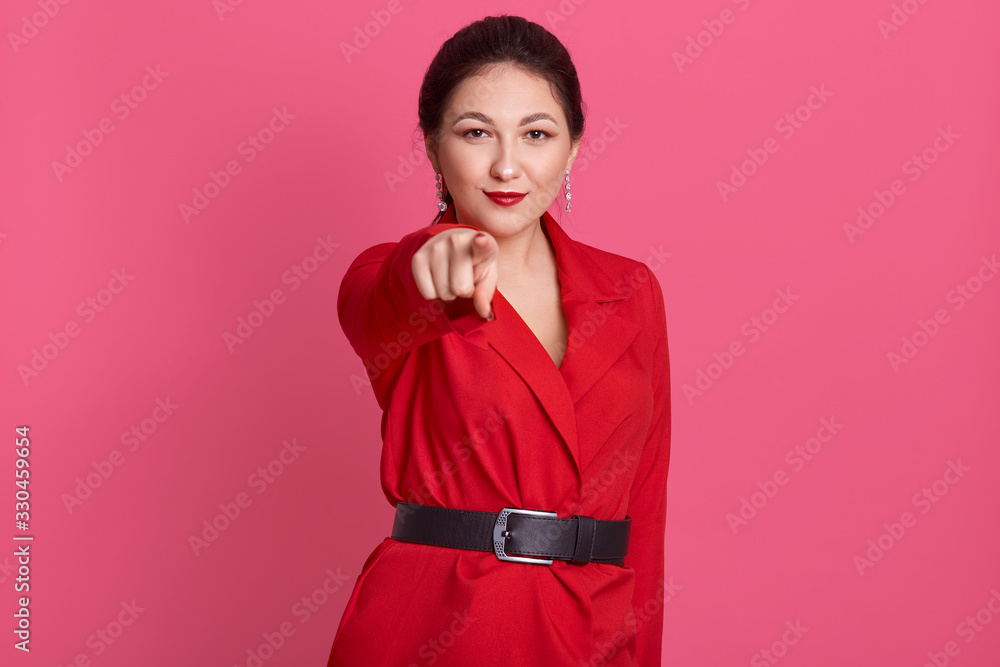 Picture of confident good looking attractive young woman raising hand ...
