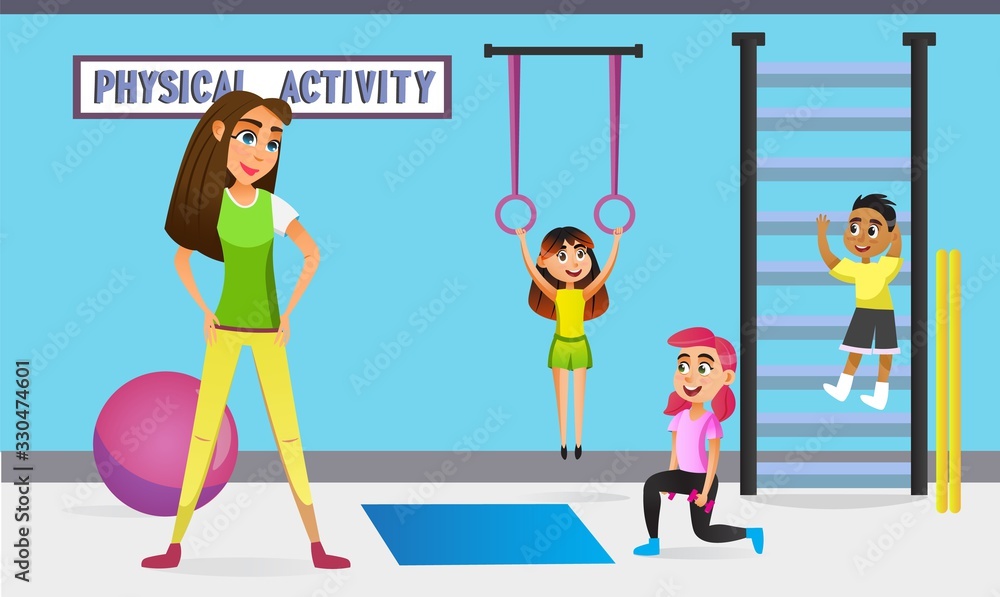 Physical Activity for Children in Gym Flat Cartoon Vector Illustration ...