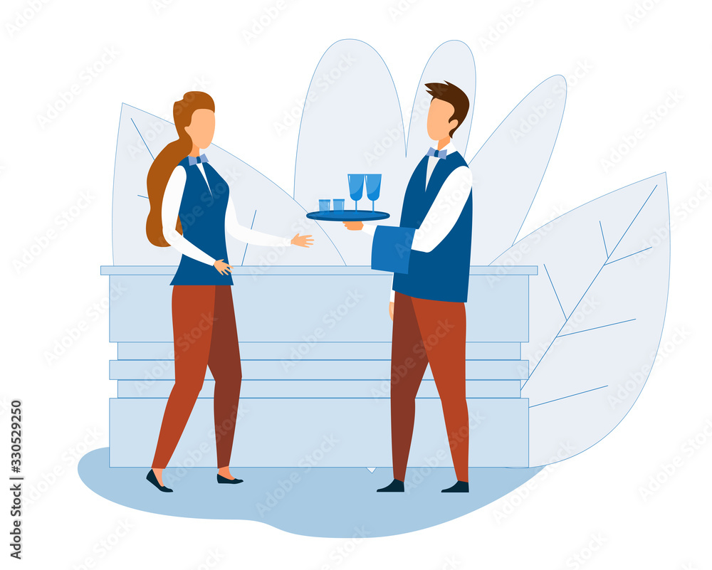 Professional Waiter and Waitress in Uniform at Work. Man Holding Tray ...
