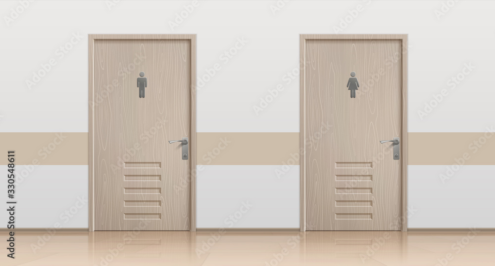 Toilet doors. Realistic interior mockup with closed bathroom doors for ...