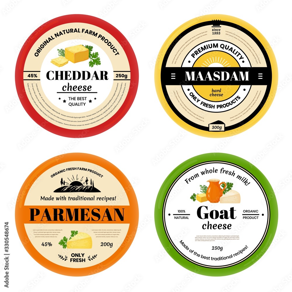 Cheese label. Package front mockup with branding for dairy product ...