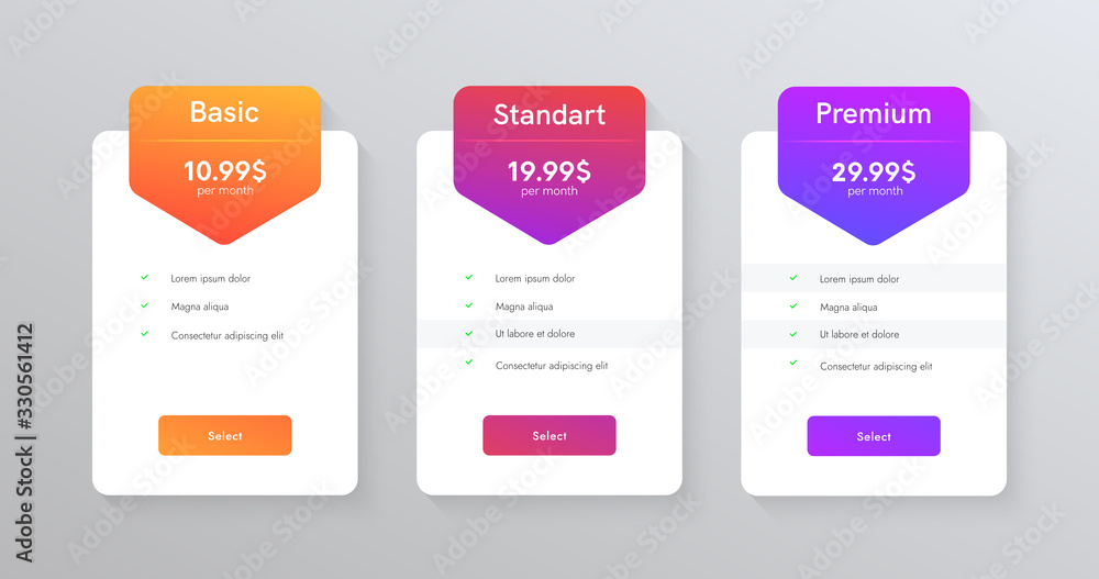 Set of tariffs for website. Pricing table ui web banner. Price list ...