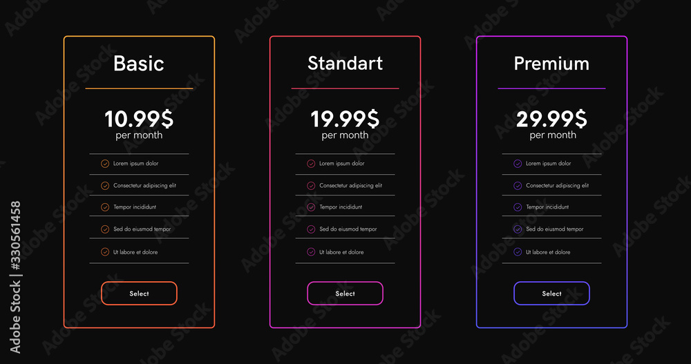 Hosting plans colums. Price list web boxes. 3 tarrifs ui tables for ...