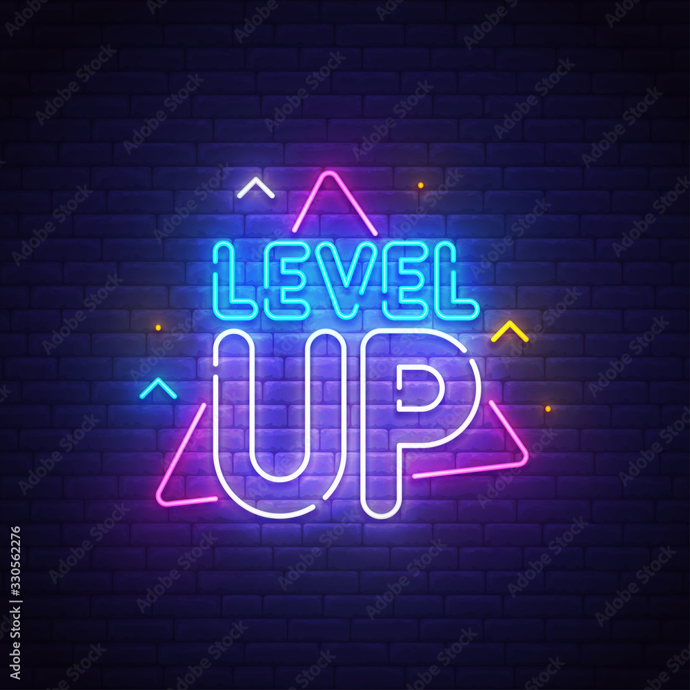 Game popup. Level up neon sign, bright signboard, light banner. Game ...