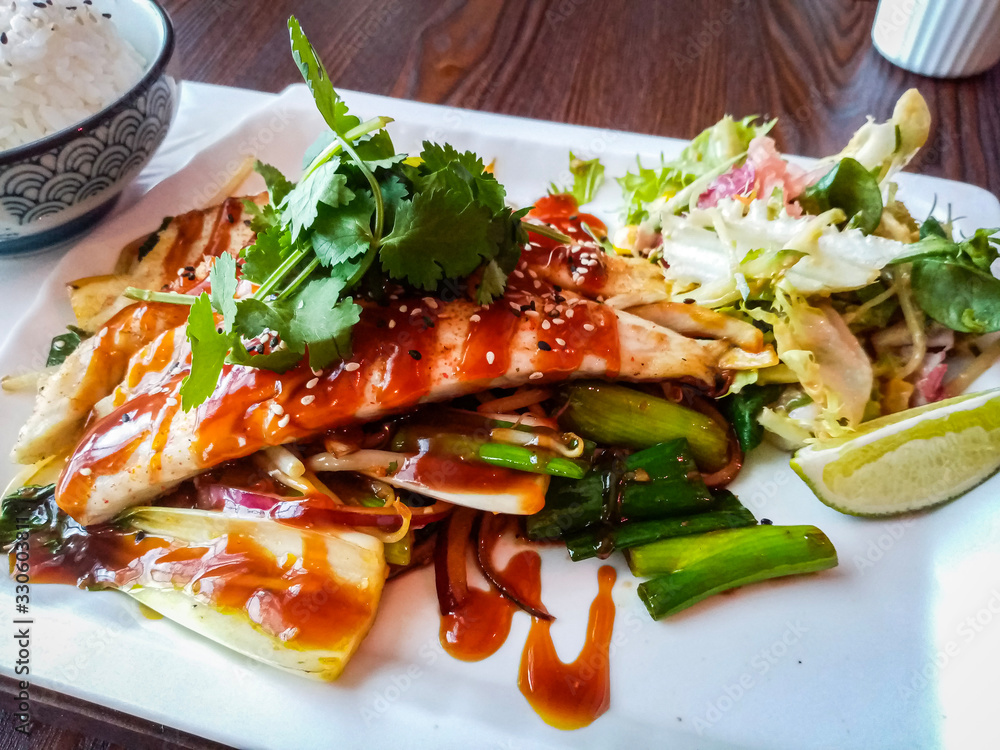 Japanese Suzuki Amiyaki Gohan, grilled sea bass with coriander, mix ...