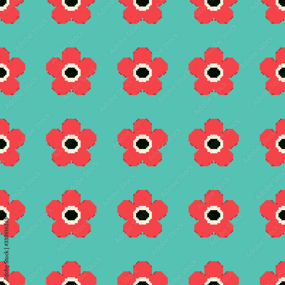 Seamless retro pattern with flowers. Vector illustration in pixel art ...