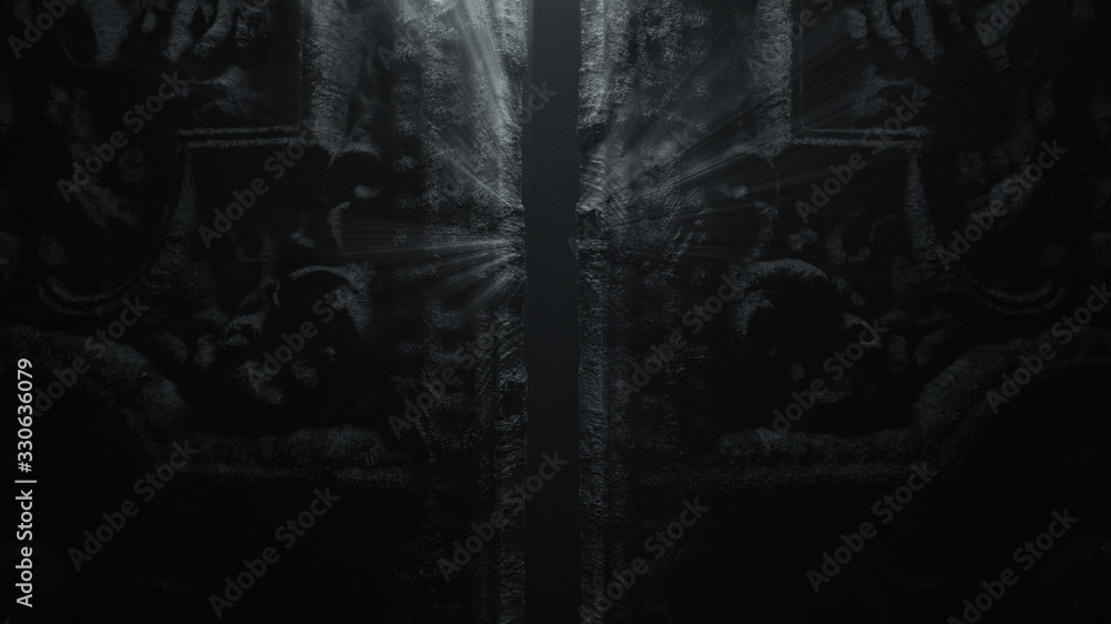 Old gothic stone door to hell with patterns. Volumetric rays of light ...