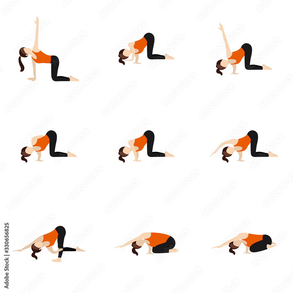 Shoulder stretch variations yoga asanas set/ Illustration stylized ...