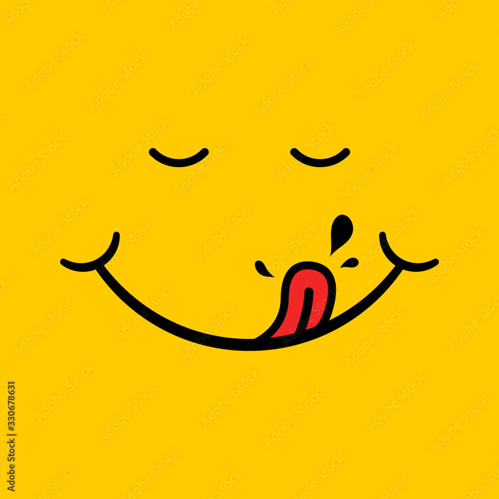 Yummy smile with red tongue, saliva on yellow background. Hungry ...