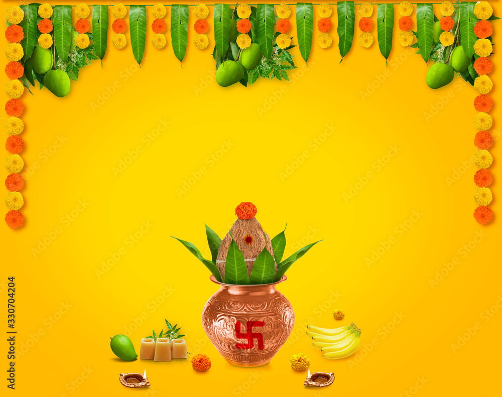 Happy Ugadi Greeting Card Background With Decorated Kalash and mangoes ...