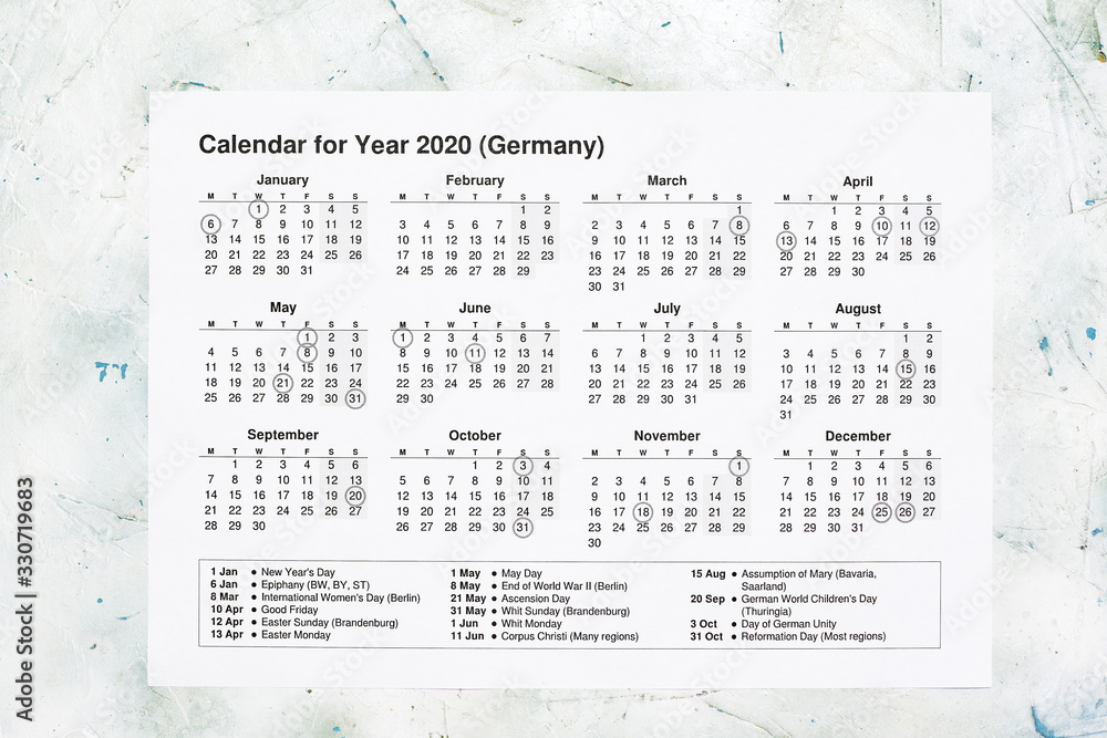 2020 yearly calendar with German national holidays Stock Photo | Adobe ...