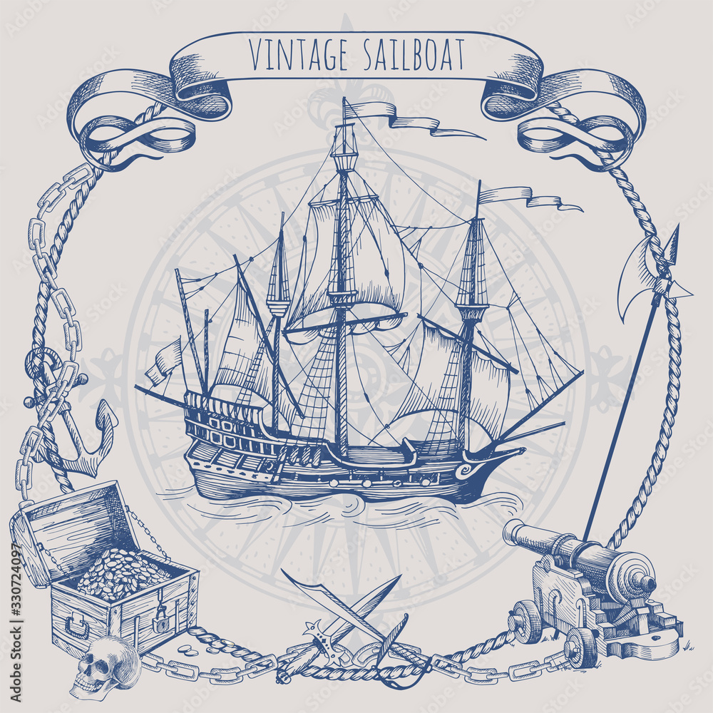 Adventure stories. Pirate background. Vintage border frame. Old caravel ...