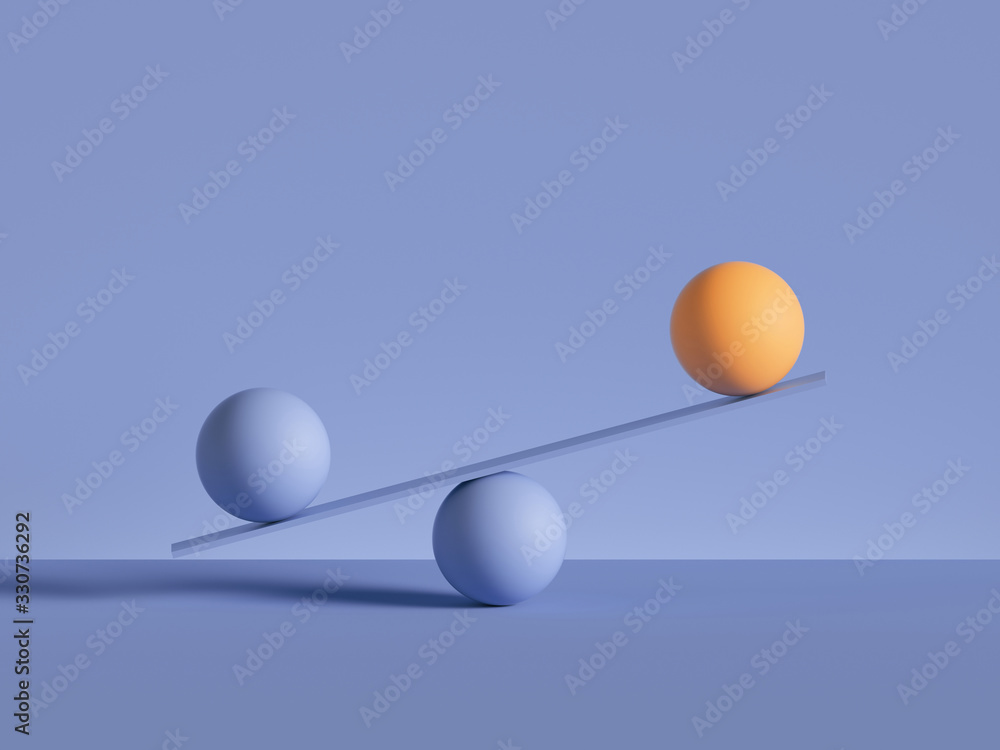 3d render, balls placed on scales, isolated on violet background ...