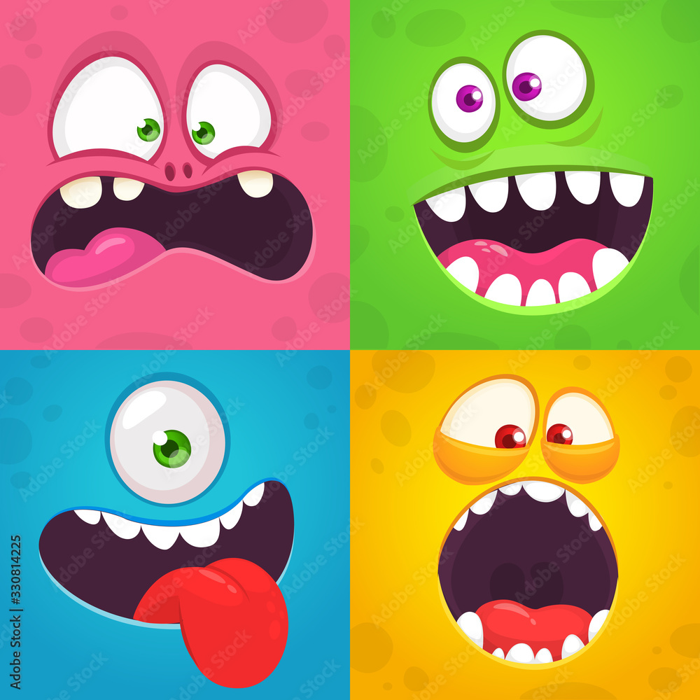 Cartoon monster faces set. Vector collection of four Halloween monster ...