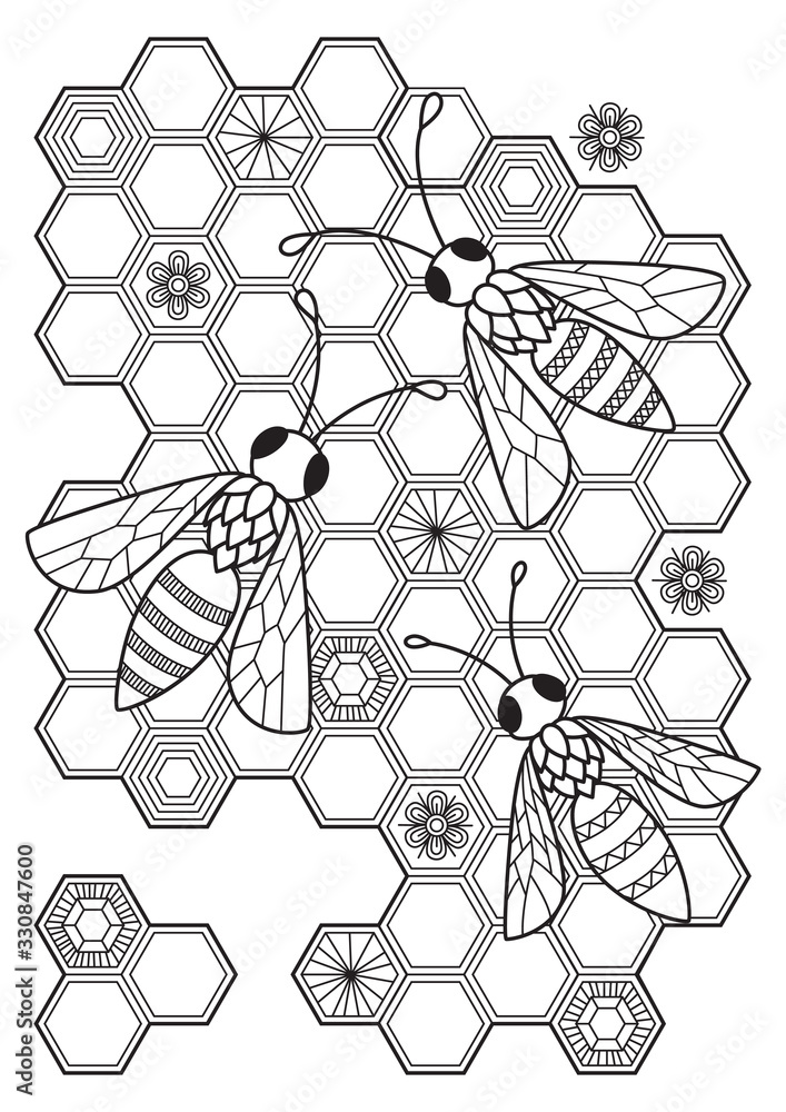 Bees in honeycombs antistress doodle coloring book page for adult ...