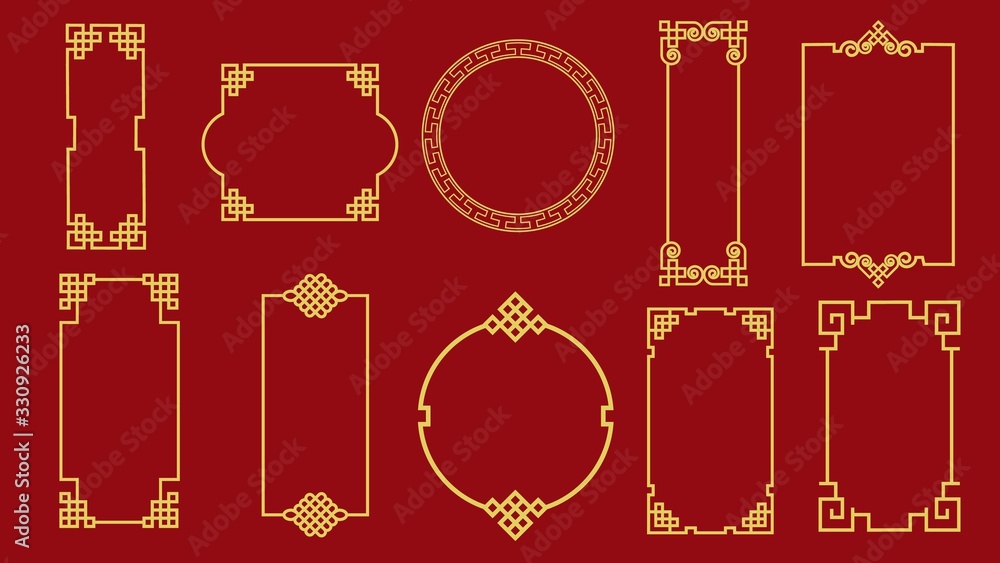 Set of various traditional golden china frame isolated on red ...