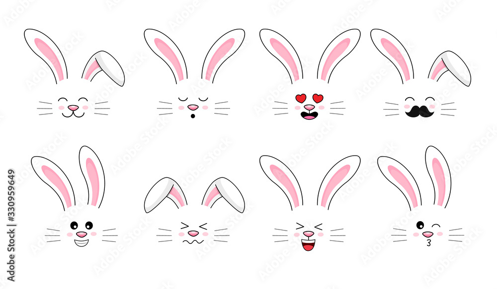 Collection of funny bunnies. Set of cute rabbits. Bundle of heads of ...