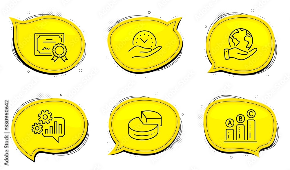 Safe time sign. Diploma certificate, save planet chat bubbles. Cogwheel, Pie chart and Graph ...