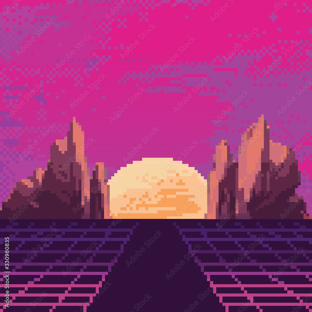 Vector pixel art of 80s Retro sci-Fi background. Synthwave, Vaporwave ...