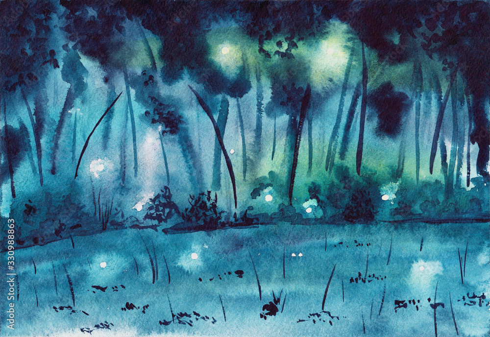 Watercolor painting with magical forest with shining lights at night ...