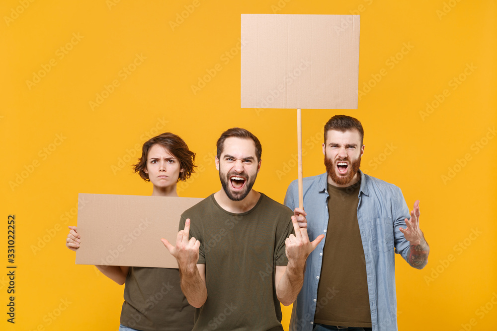 Protesting young people hold protest signs broadsheet blank placard on ...