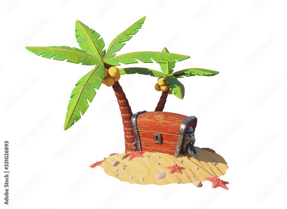 Closed wooden chest standing under palm trees on the sand with sea ...