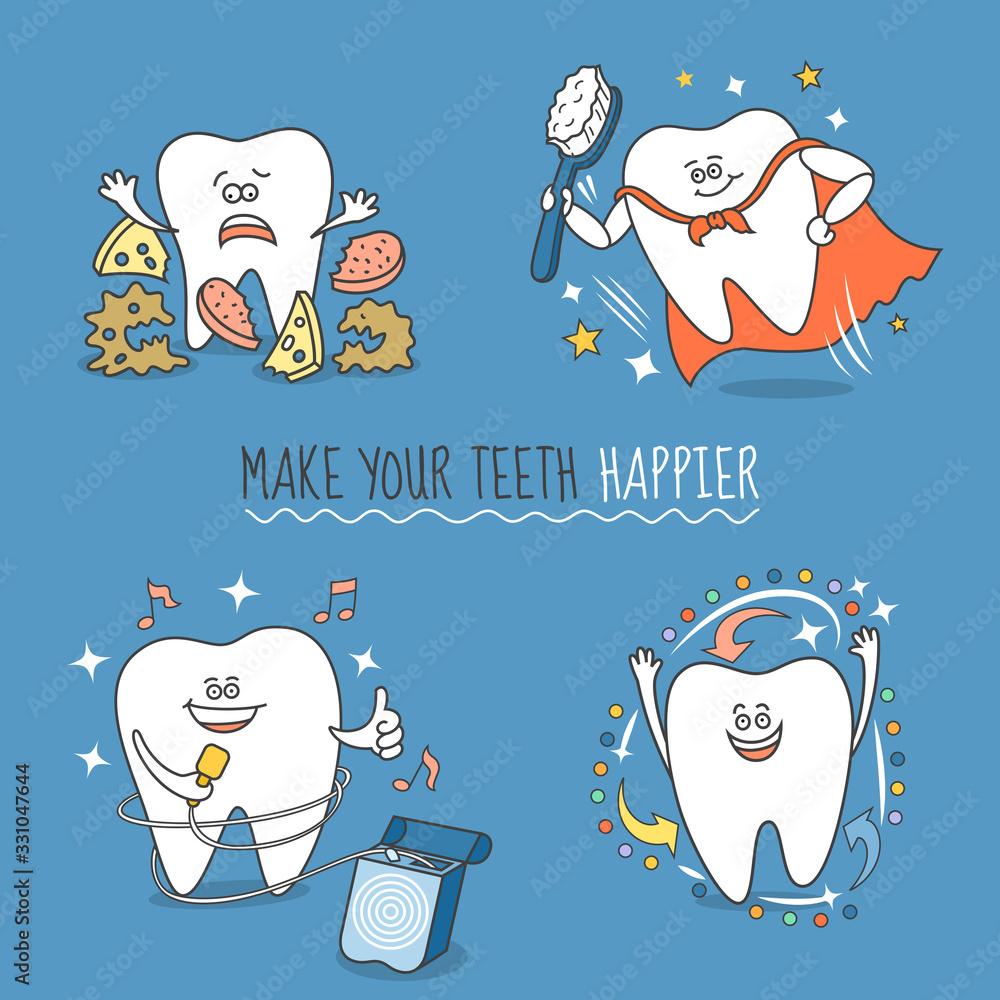 Set of cartoon teeth with different objects that depict cleaning teeth ...