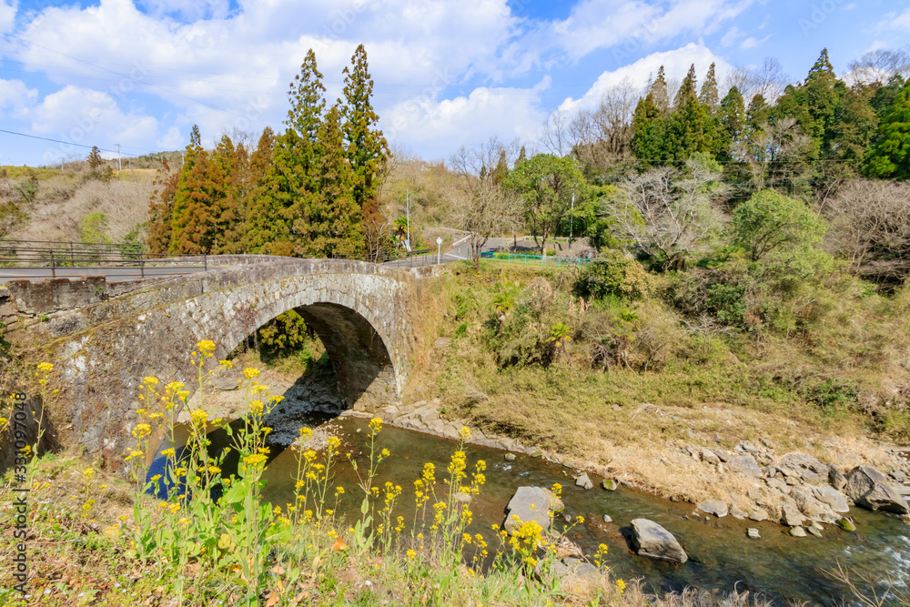 菜の花と虹澗橋 大分県豊後大野市 canola flower and Koukan bridge Ooita Bungoo-no city の Stock フォト | Adobe Stock