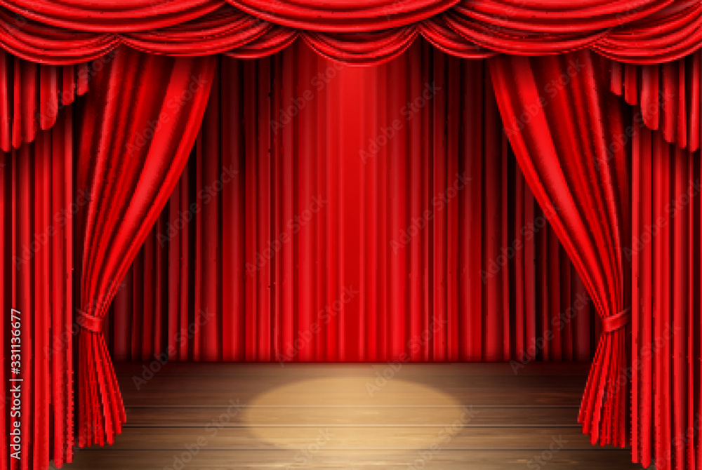 Red stage curtain and wooden floor realistic vector. Theater, opera ...