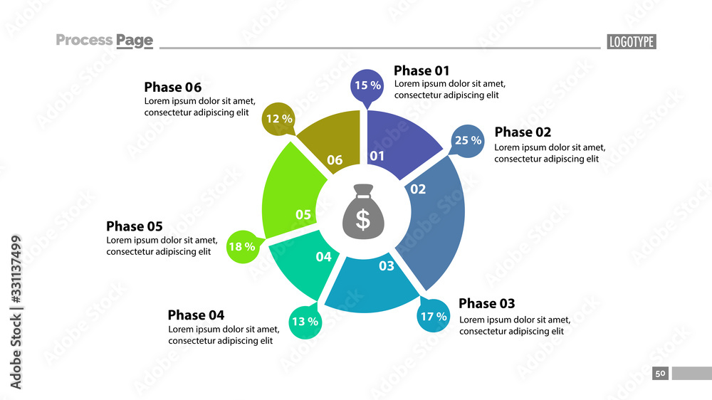 Six phase donut chart with descriptions template. Element of graph ...