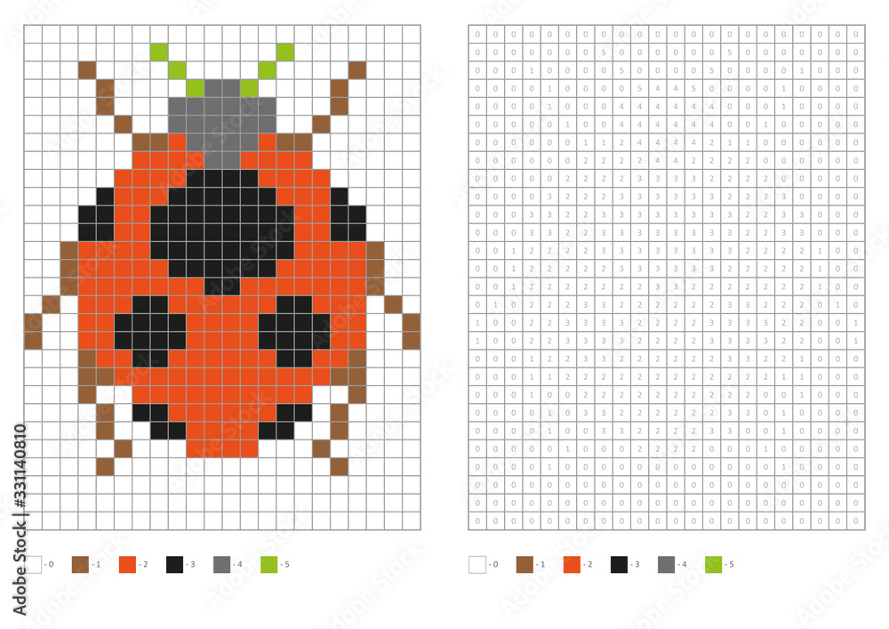Kids coloring page, pixel coloring cartoon ladybird. Vector ...