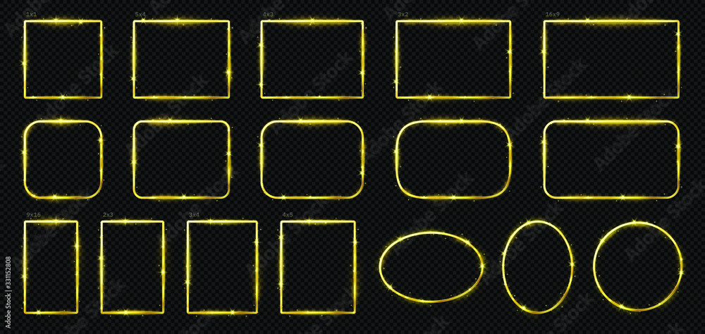 Shiny golden frames. Magical gold square border, magic christmas frame ...