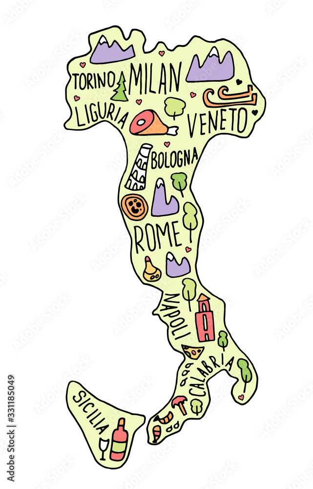 Colored Hand drawn doodle Italy map. Italian city names lettering and ...