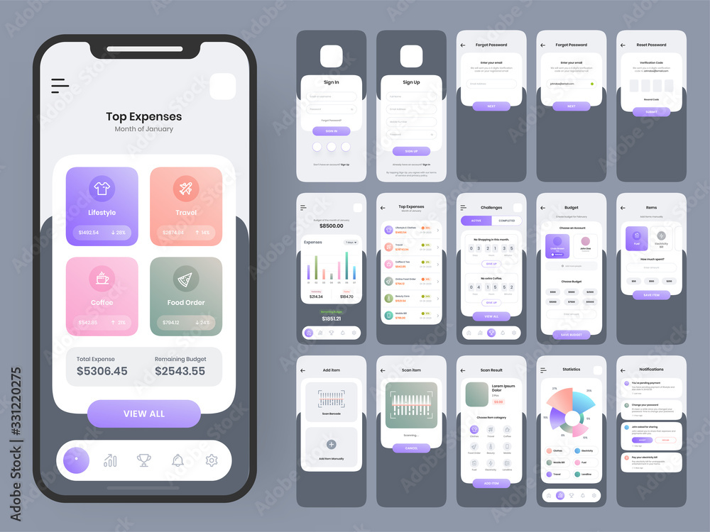 Mobile App Ui Kits with Different GUI Layout Including Sign in, Sign Up, Forgot, Reset Password ...