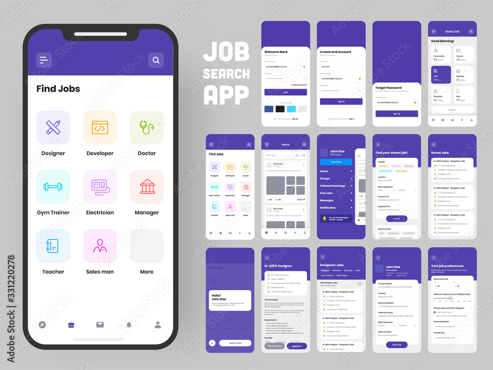 Job Search App UI Kit for Responsive Web Template with Different ...