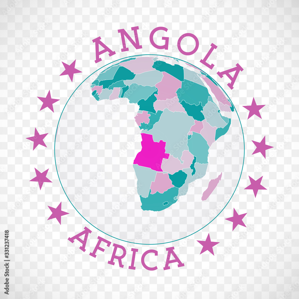 Angola round logo. Badge of country with map of Angola in world context ...