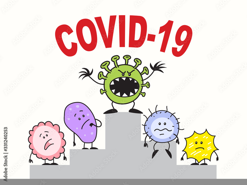 Coronavirus concept. Covid-19 cartoon character dominates others ...