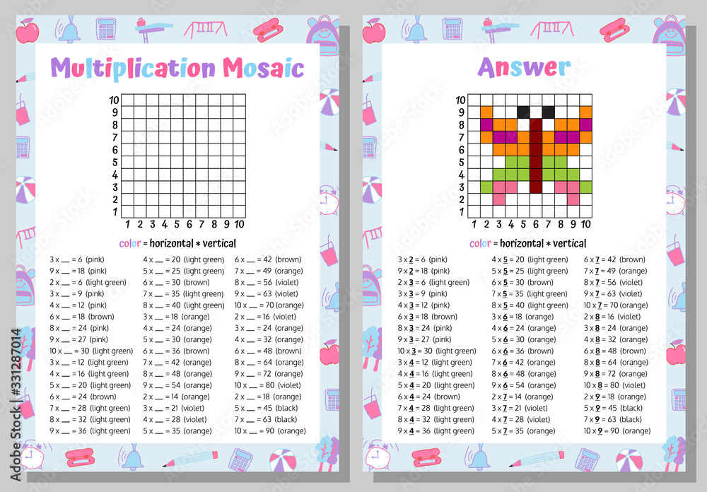 Multiplication Mosaic Math Puzzle Worksheet. Educational Game. Coloring ...
